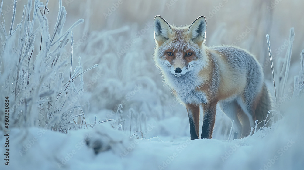 Red fox standing alert in a frosty winter field, surrounded by frozen ...