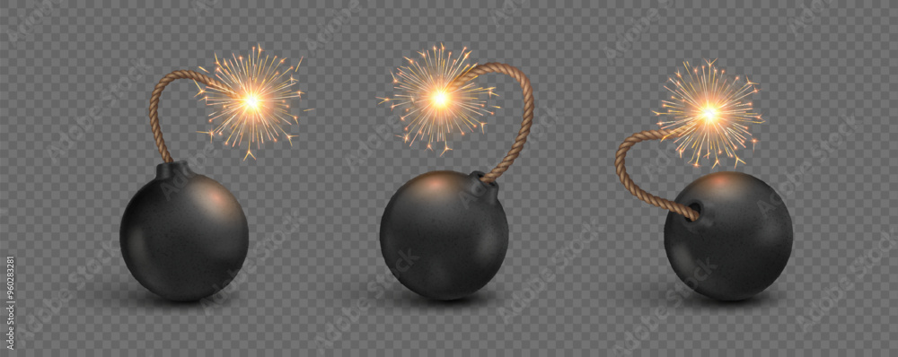Realistic bomb with burning wick fuse, showing different stages of ...