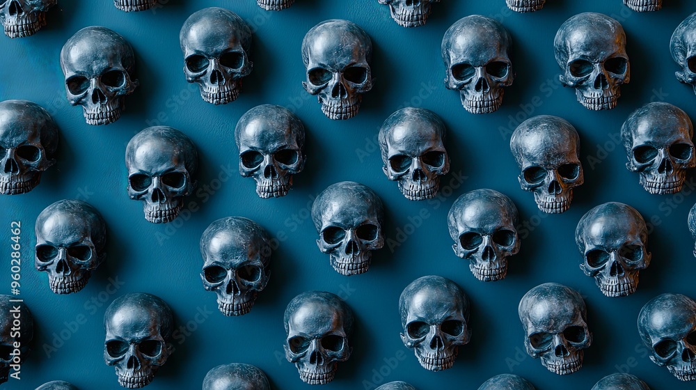 A striking and eerie display of multiple human skulls meticulously ...