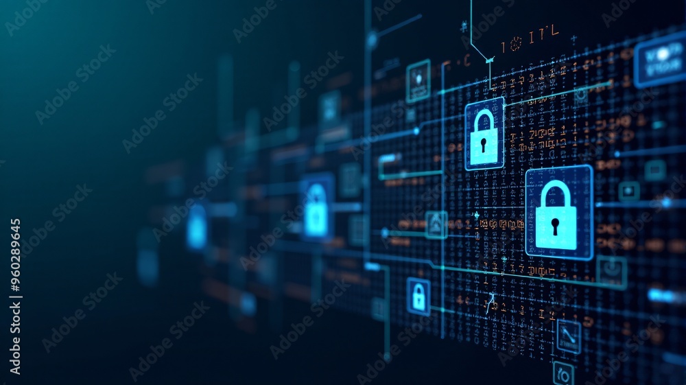 Cybersecurity Matrix Design a banner featuring a digital grid with padlocks, security shields ...