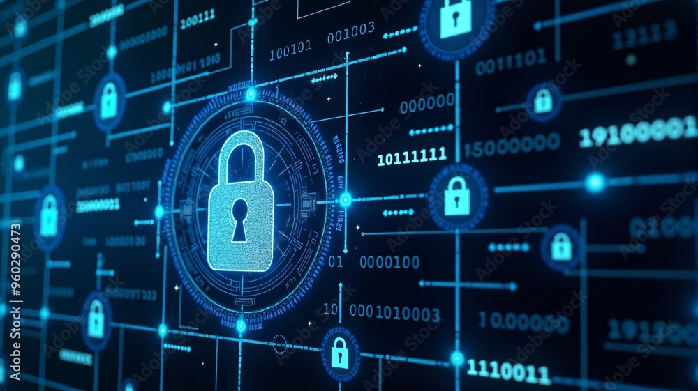Cybersecurity Matrix Design a banner featuring a digital grid with padlocks, security shields ...