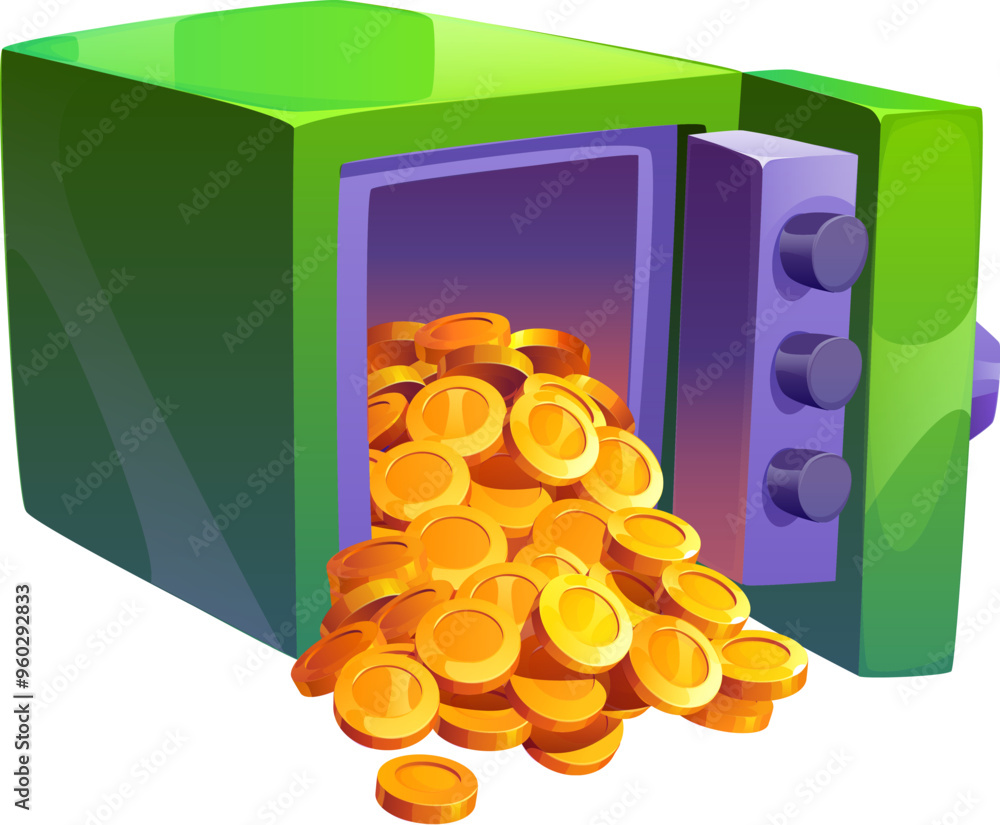 Cartoon strongbox safe with golden coins. Isolated vector green safe ...