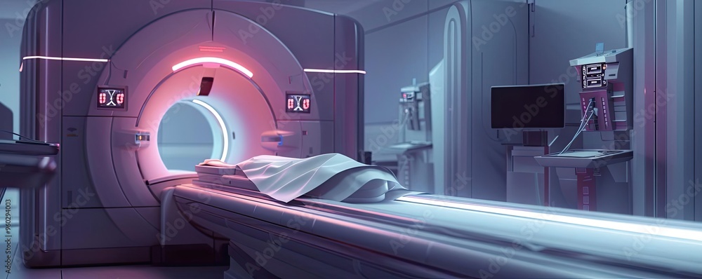 A modern medical imaging room featuring an advanced MRI machine with ...