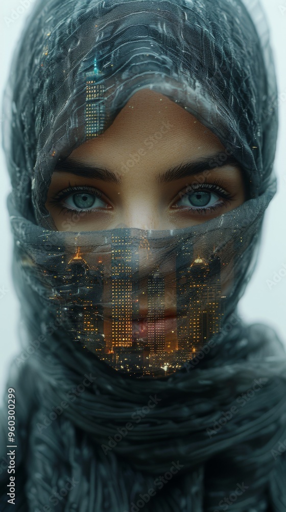 double exposure photography. arabic face in abaya shaped by buildings ...