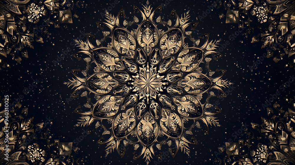 Rangoli design, complex star patterns, metallic gold and silver shades ...