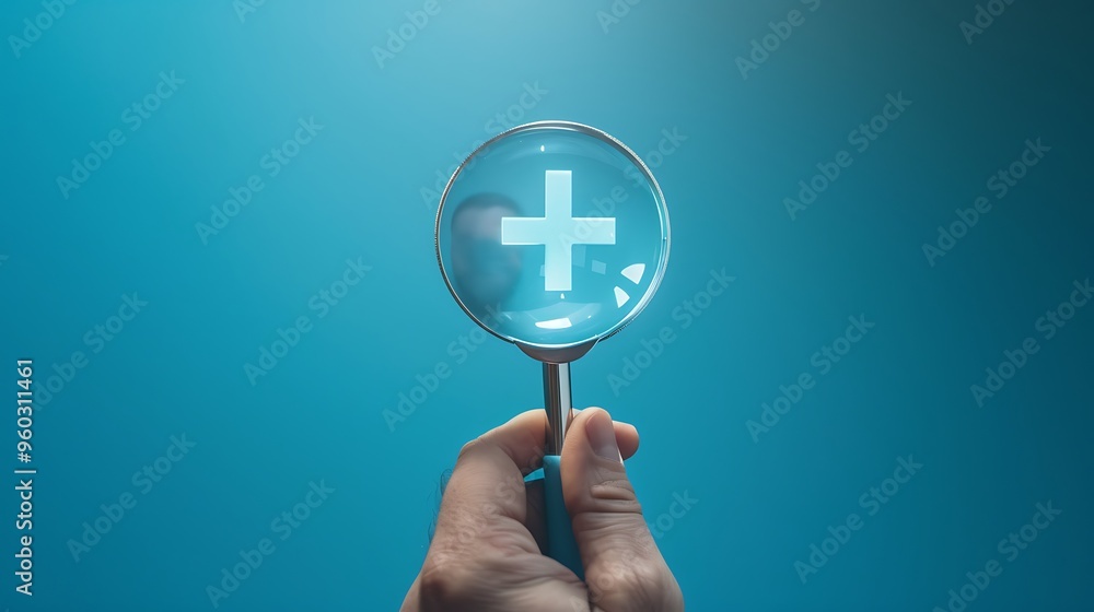 A hand holding a magnifying glass with a plus symbol on a blue ...