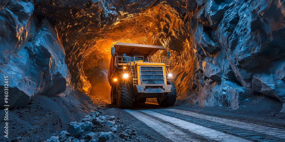 Mining Truck in Tunnel. A yellow mining truck drives through a dimly ...