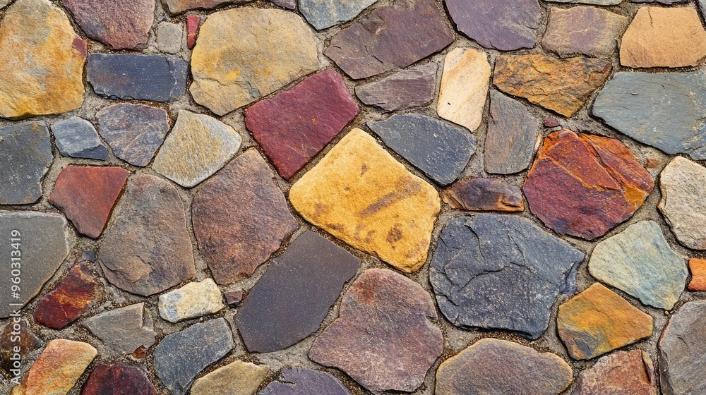 Stone pathway background with interlocking pavers in mixed sizes and ...