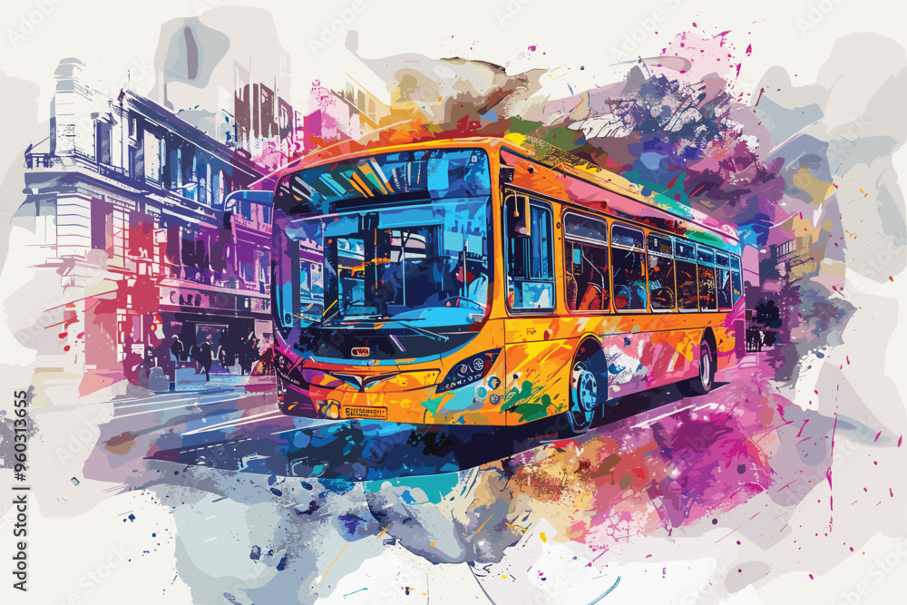 Watercolor drawing. Double-decker tourist bus passes towards the Red ...