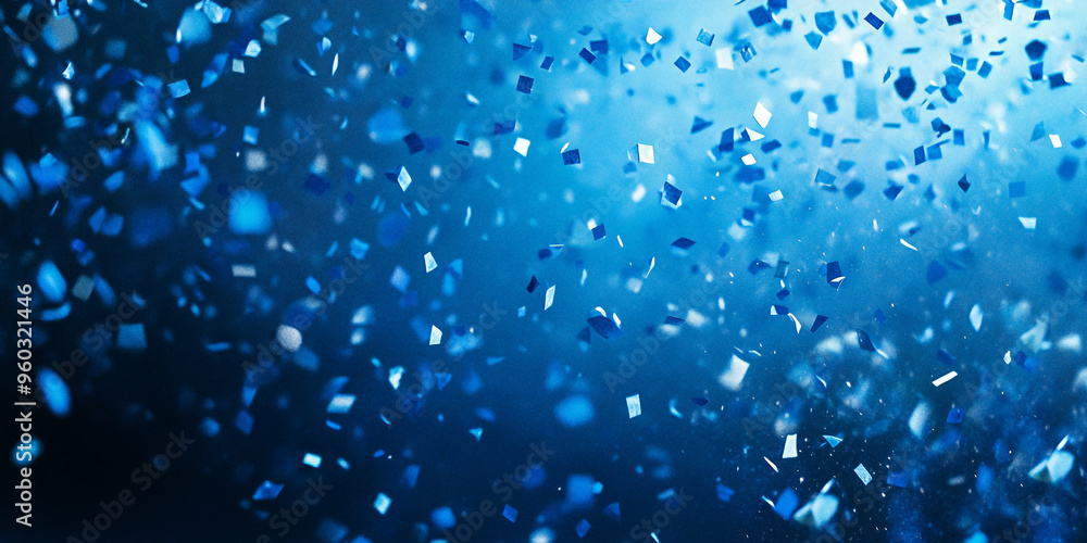 Blue confetti falling on a blue background with bokeh and copy space ...