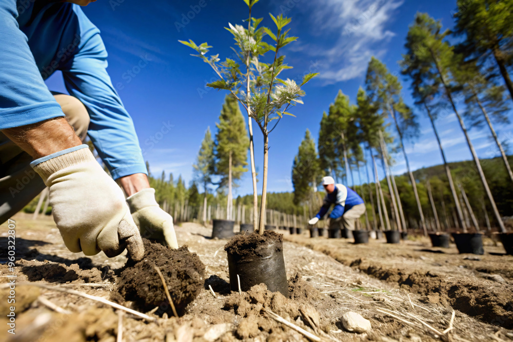 Workers planting trees in a wide-open field. The blue sky and distant ...