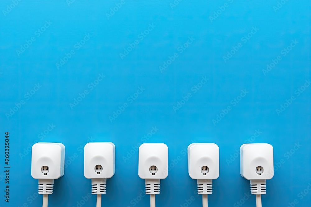 Five white electrical outlets on blue. Perfect for illustrating power ...