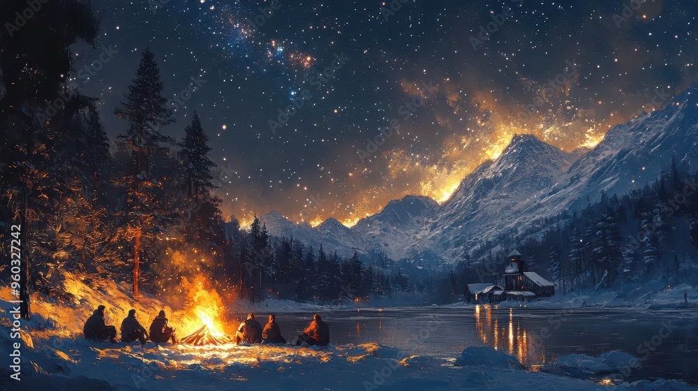 cozy winter scene of friends gathered around a roaring bonfire under a ...