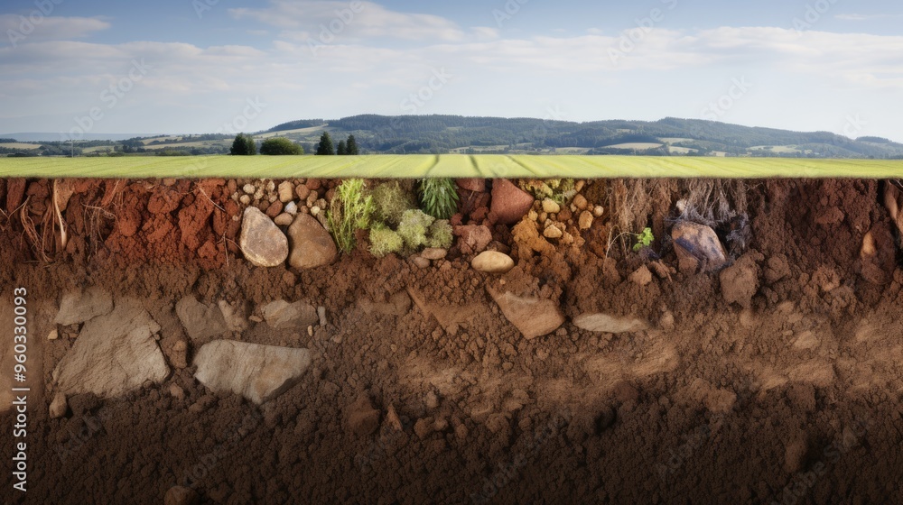 A cross-sectional view of a healthy soil profile showcasing the various ...
