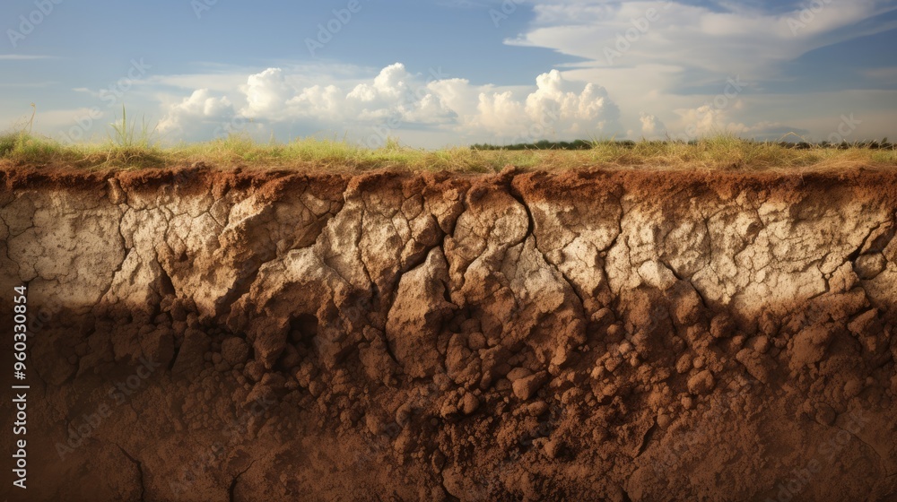 A dramatic, high-resolution image of an eroded soil profile with ...