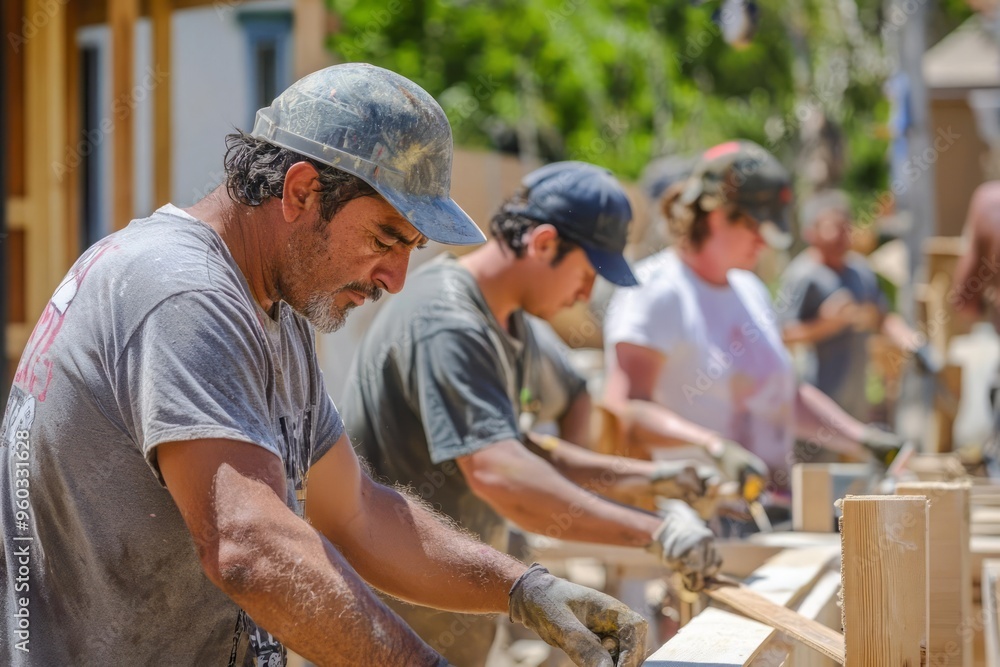 Cooperative housing, residents build homes, community spirit Stock ...