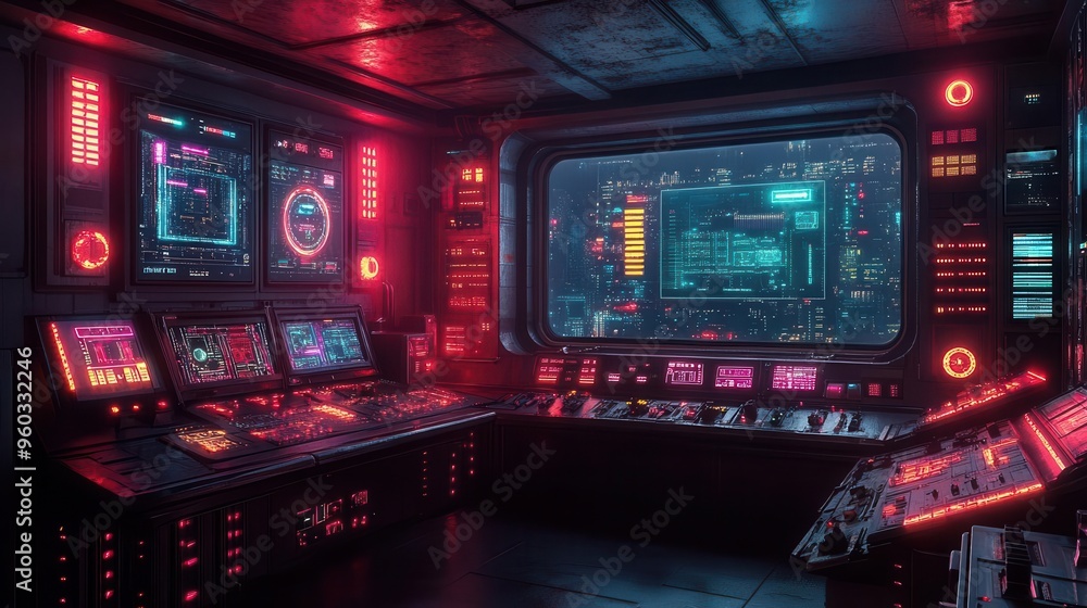 cyberpunk low voltage switchgear room with neonlit control panels ...