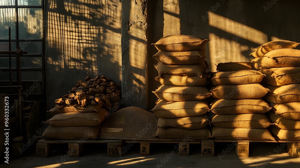 Morning light pouring in, casting long shadows over sacks of grain and ...