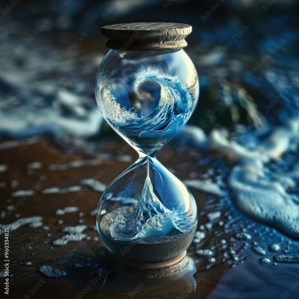 Unreal hourglass with trapped ocean waves that represents time, cycles ...