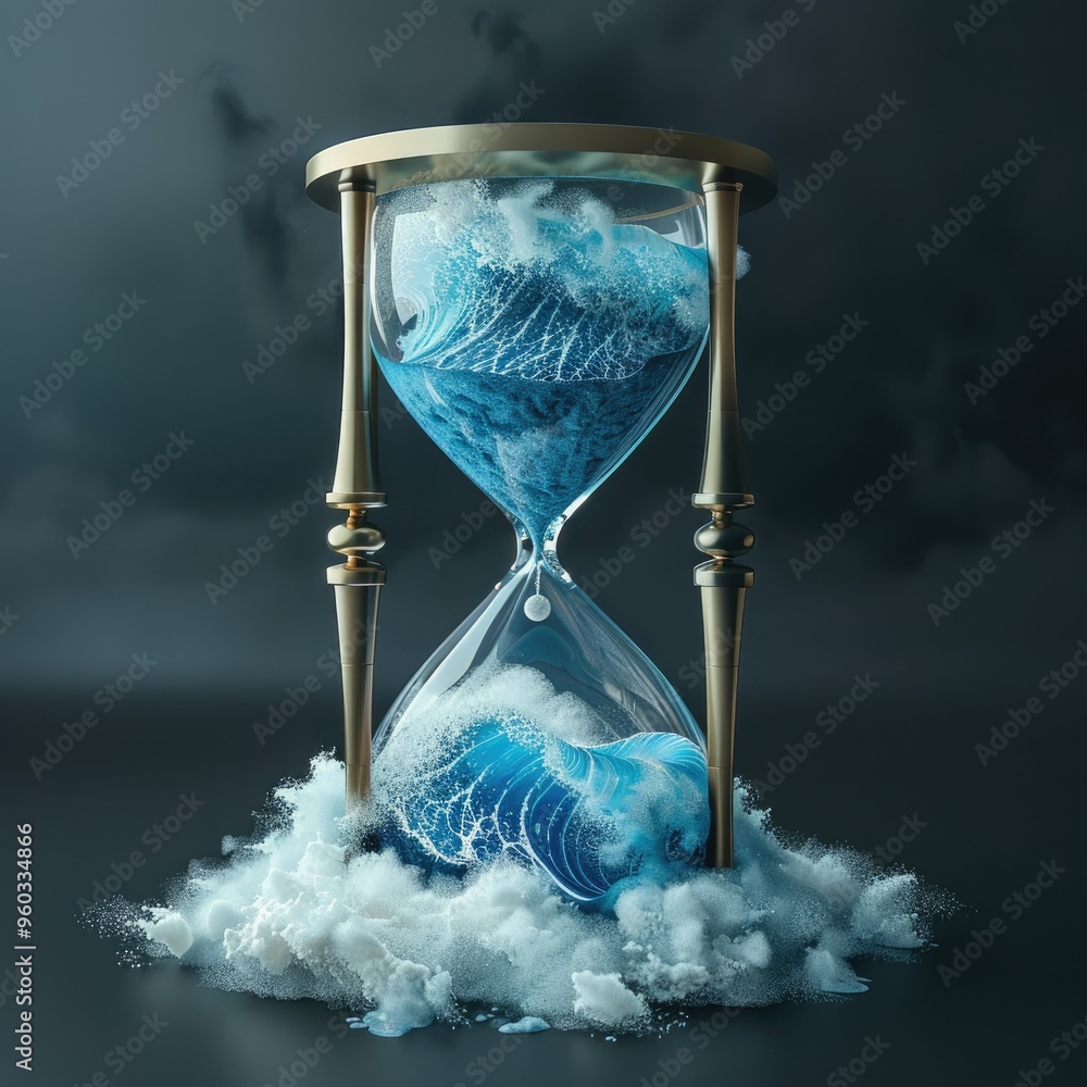 Unreal hourglass with trapped ocean waves that represents time, cycles ...