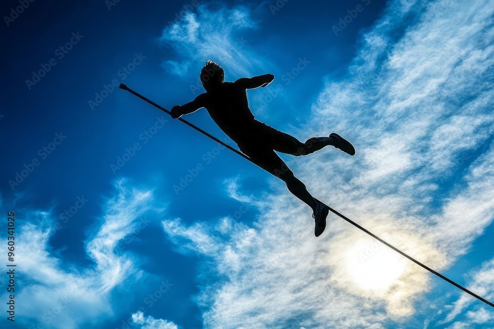 Pole vaulter, ascending, pole bending, skyward surge, blue sky, shadow ...