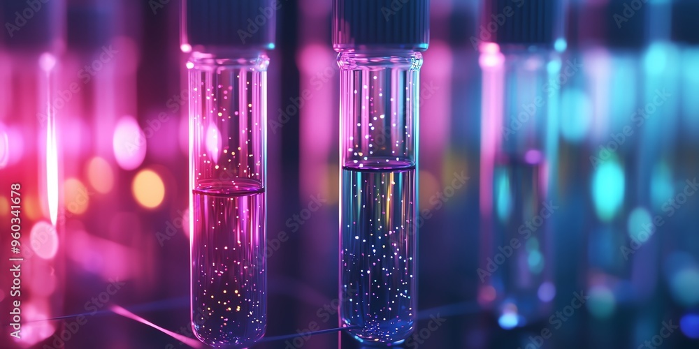 Colorful test tubes filled with liquid and sparkling particles ...