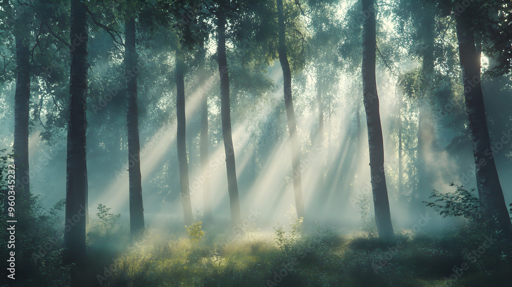 A mystical forest scene with tall trees and thick fog rolling through ...
