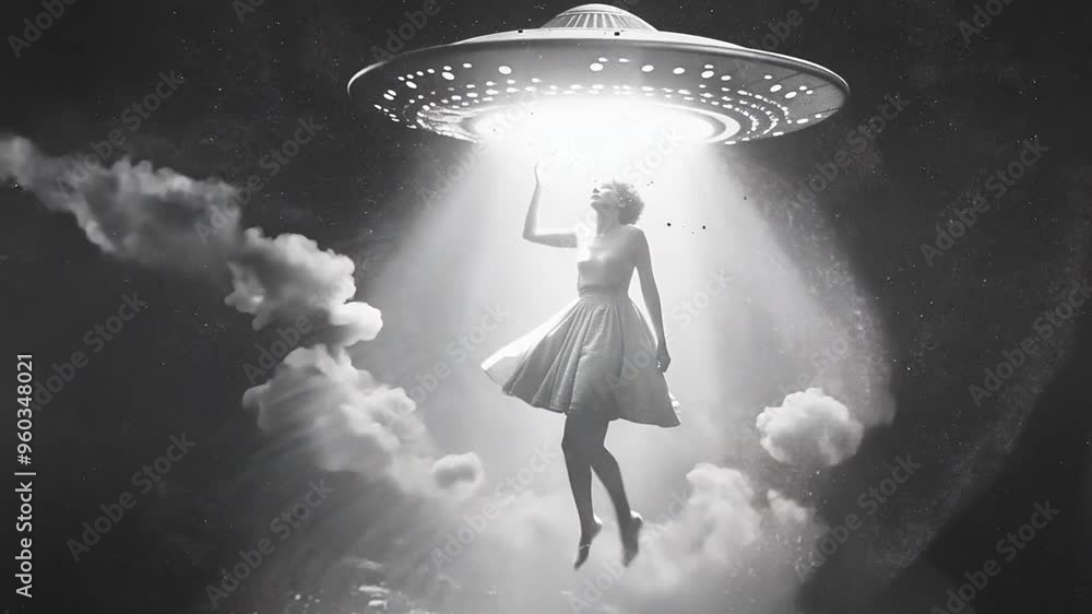 Black and White Abduction Scene with Woman Floating Towards UFO Beam ...