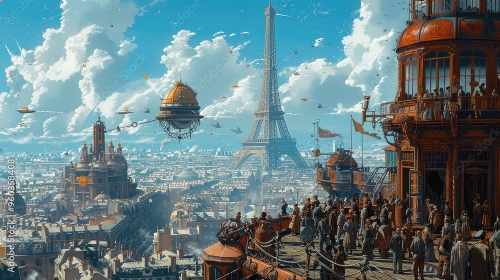A steampunk-inspired futuristic view of Paris, featuring the Eiffel ...