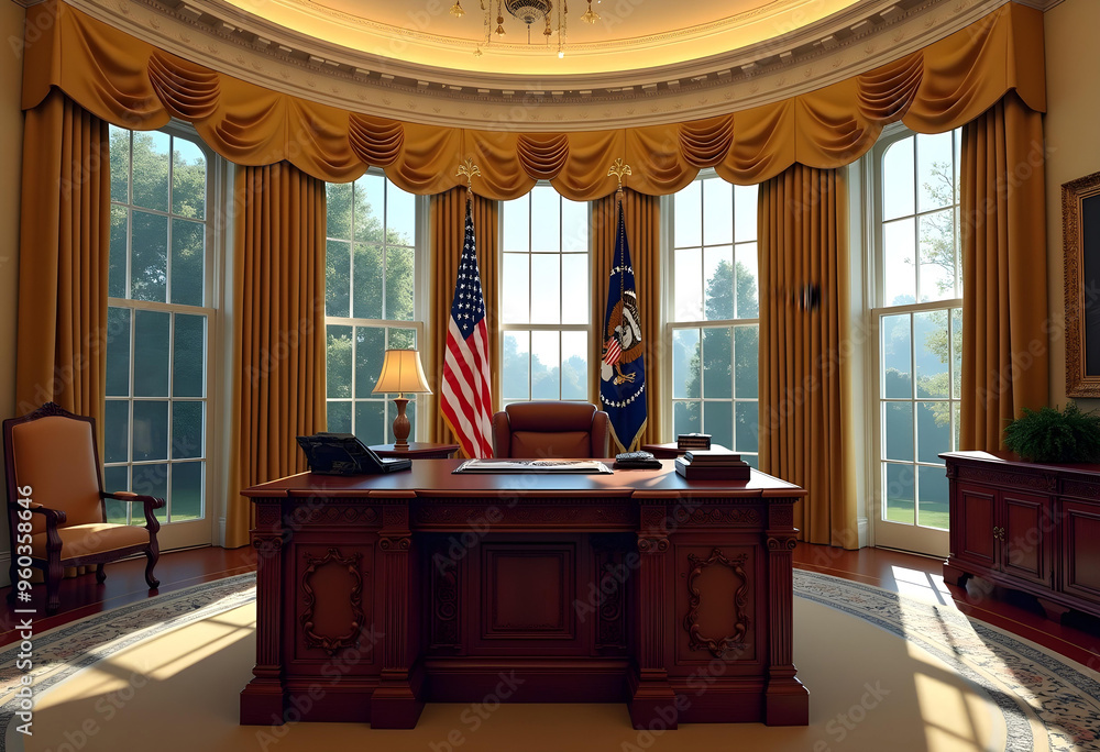 The Oval Office in the White House with Gold Curtains and View of the ...
