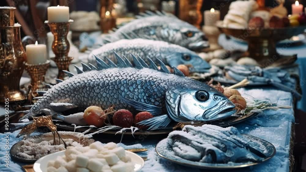 Three whole cooked fish laying on a platter as part of a medieval ...
