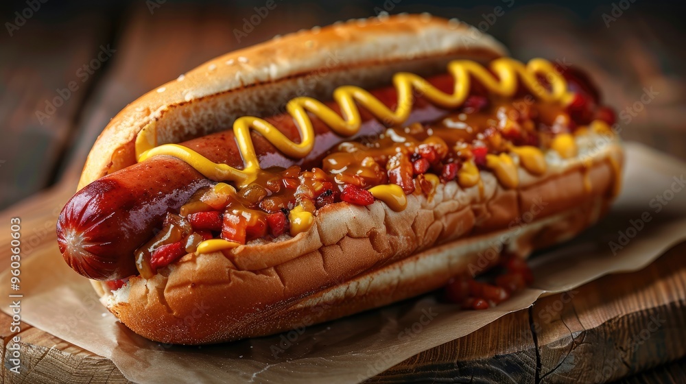 A delicious hot dog in a soft bun topped with mustard and diced ...