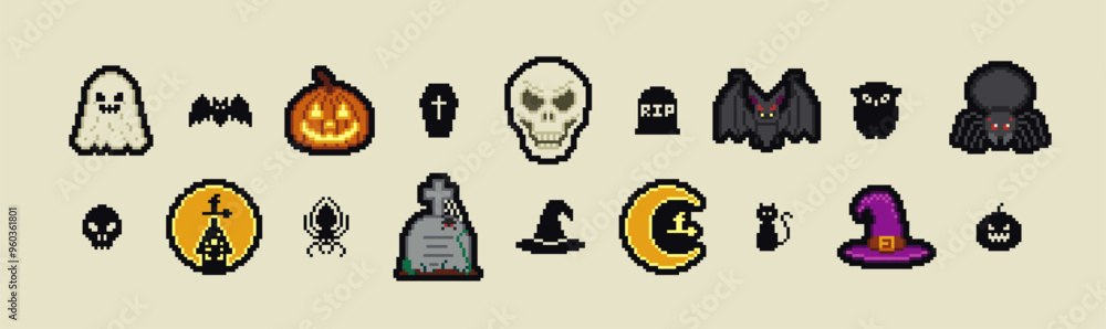 Pixel Art Cartoon Halloween icons and objects. 8-bit pixel game ...