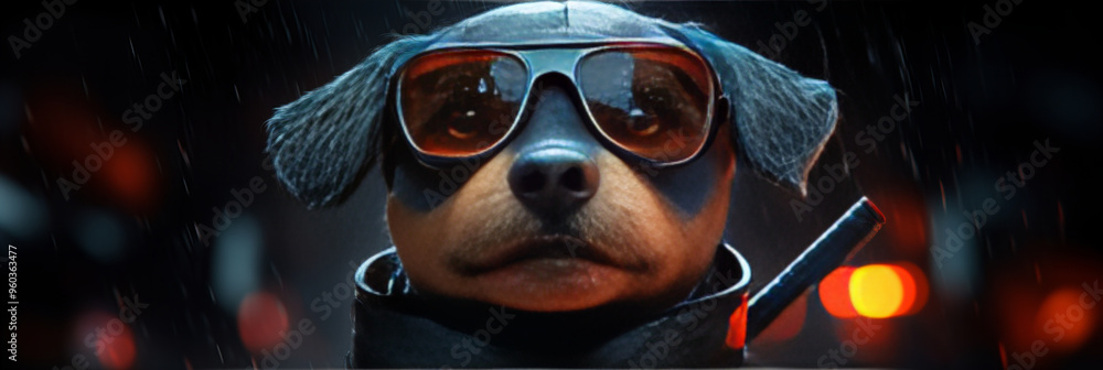 Serious-looking dog with sunglasses and black attire in a dark ...