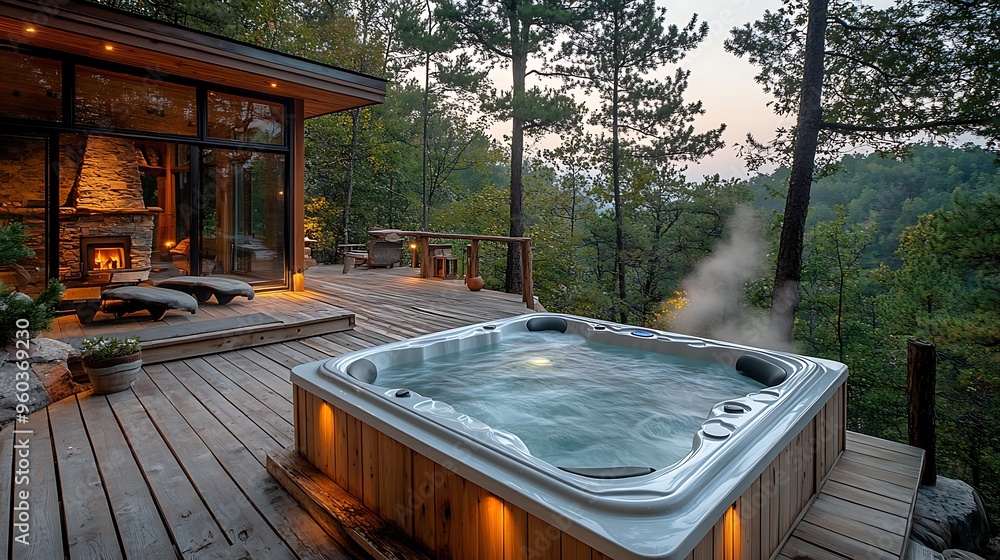A rustic hot tub on a cabin deck surrounded by towering pines, with a ...
