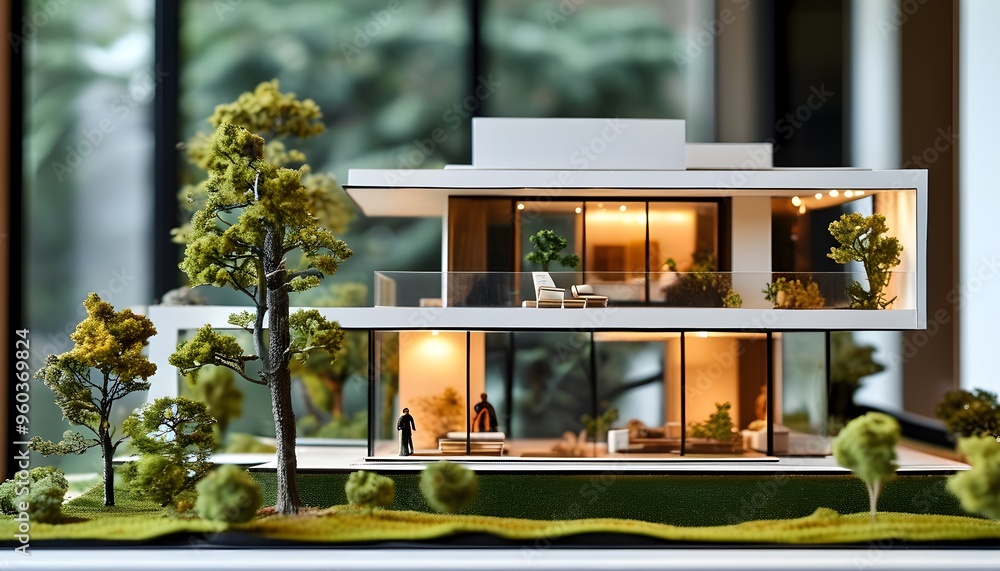 Modern two-story house architectural model featuring miniature figures ...
