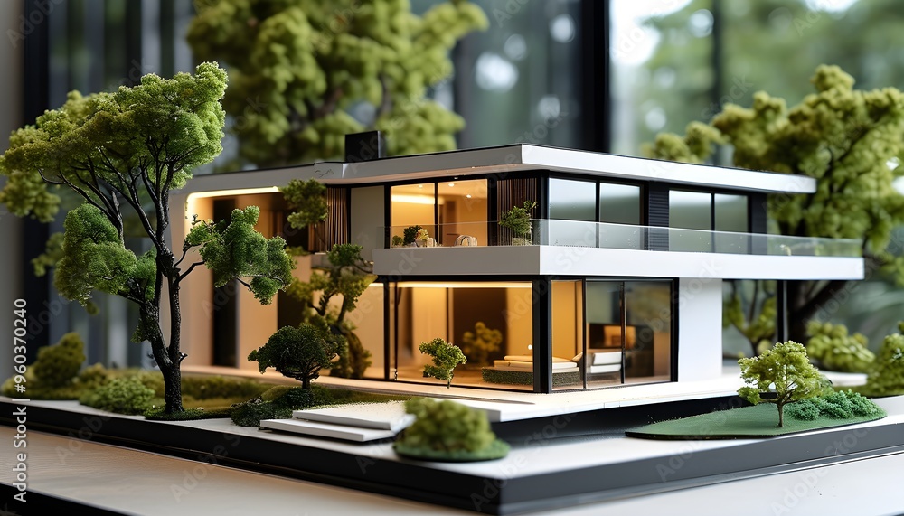 Modern two-story house architectural model featuring miniature figures ...