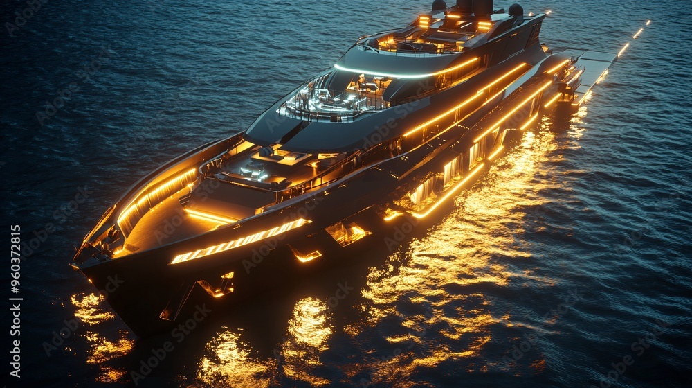 3D render, high-tech luxury yacht, advanced design features ...