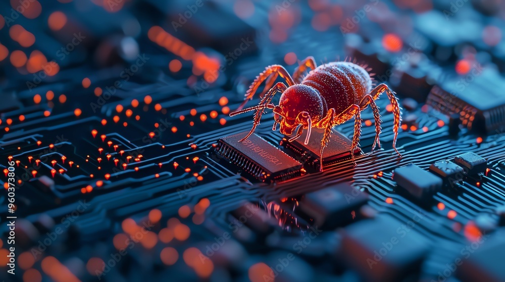 Digital illustration of a virus depicted as a red bug crawling on a ...