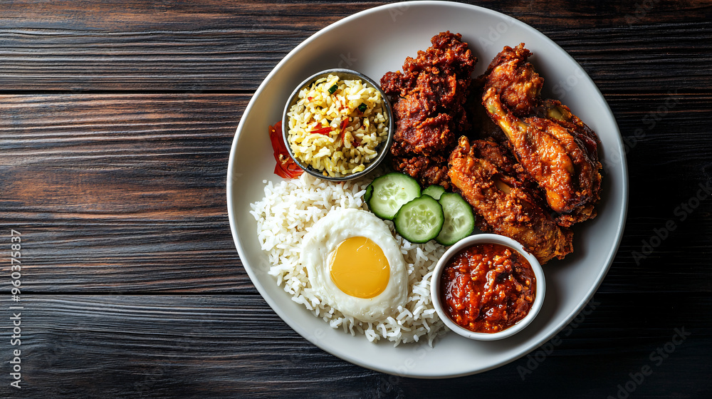 Authentic malaysian coconut rice dish with fried chicken, egg, cucumber ...