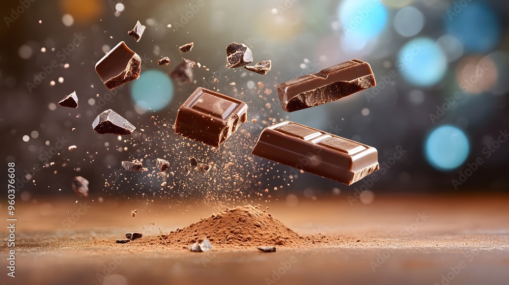 Chocolate bars falling and breaking in mid-air, with chunks and cocoa ...
