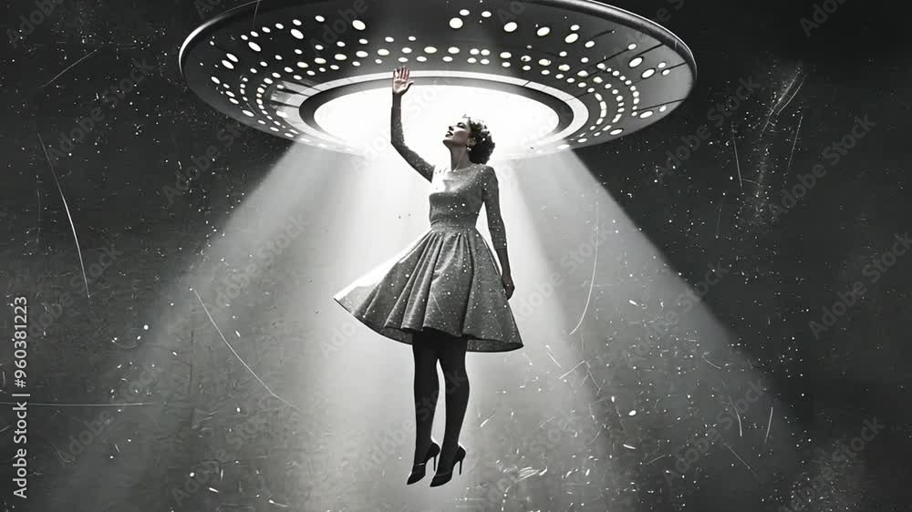 Vintage-Inspired Black and White Scene of Woman Being Abducted by a UFO ...
