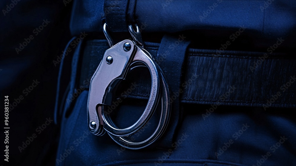 A high-resolution shot of handcuffs attached to a police officer belt ...