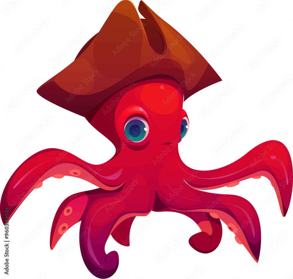 Cartoon octopus animal pirate character. Isolated vector red, comic ...