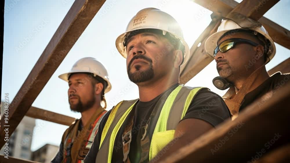 Three construction workers in safety gear take a break at a busy site ...