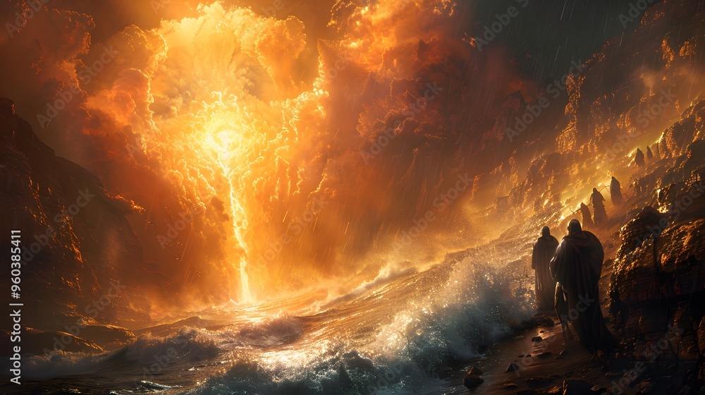 Depict the moment of divine power as Moses leads the Israelites through ...