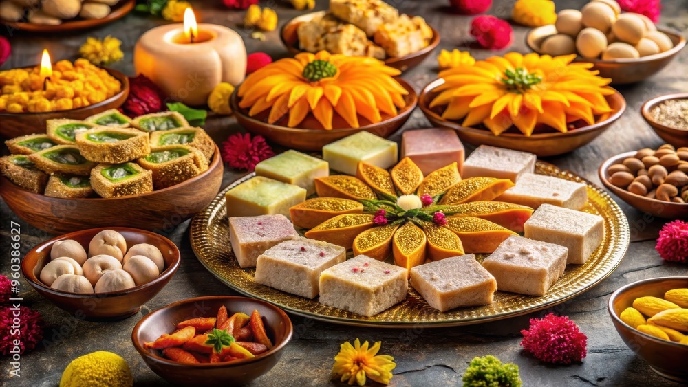 Indian Diwali sweets with diya and flowers, including kaju katli, dry ...