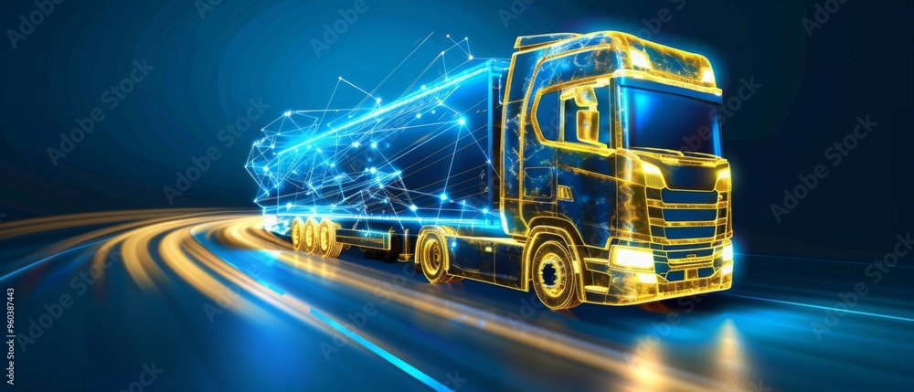 Digital gold high-speed truck in low poly wireframe, the future of ...