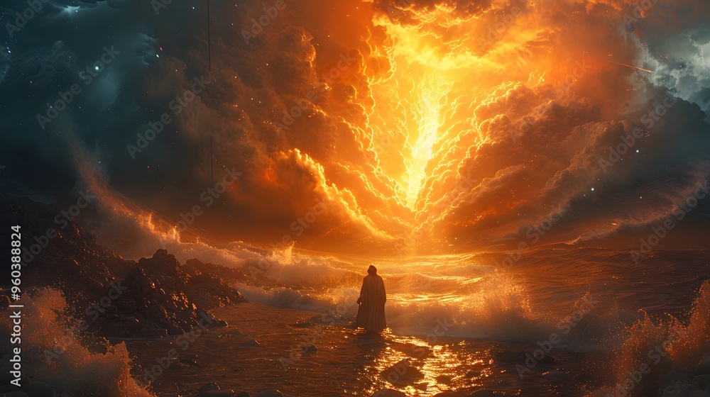 Illustrate the grand exodus as Moses parts the Red Sea, leading the ...