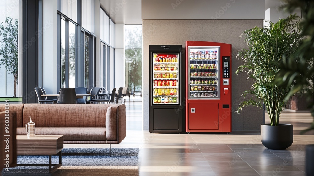 A detailed view of a high-tech drink and snack vending machine in a ...